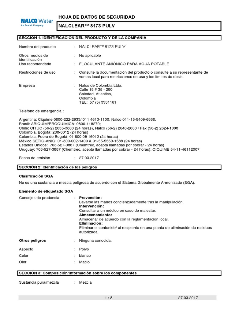 Nalclear 8173 Pulv (GHS) | PDF | Reciclaje | Solubilidad
