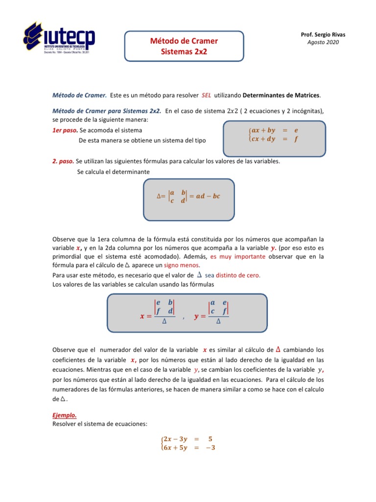 Método de Cramer para Sistemas 2x2 | PDF | Determinante | Ecuaciones