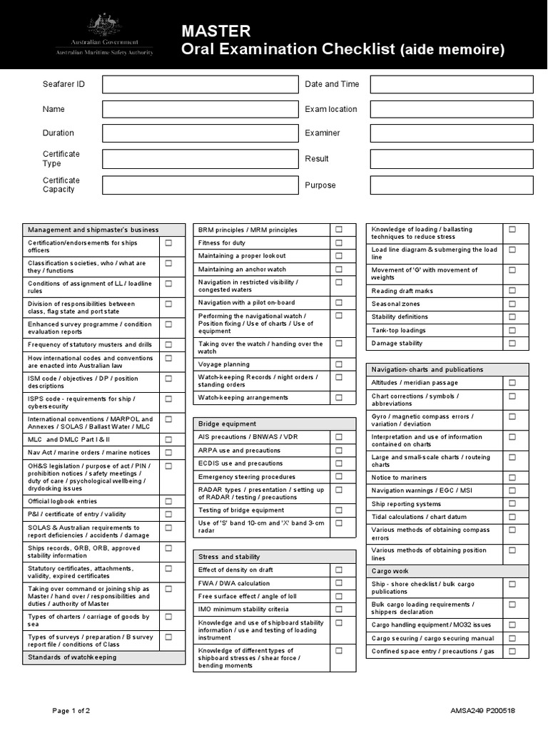 Master Oral Examination Checklist: (Aide Memoire) | PDF | Ships | Cargo
