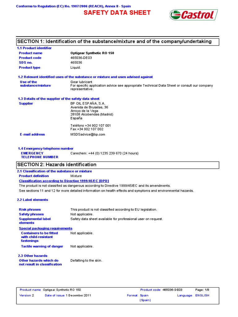 Optigear Synthetic RO 150 Safety Data | PDF | Personal Protective ...