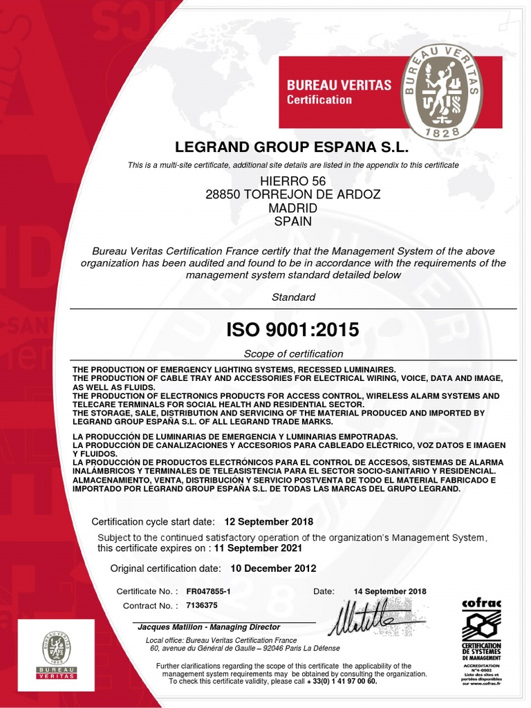 Certificado Iso 9001 FR047855 1 2018 Legrand | PDF | Science | Electronics