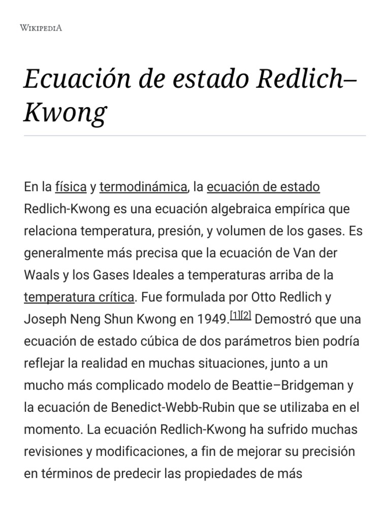 Ecuación de Estado Redlich-Kwong - Wikipedia, La Enciclopedia Libre ...