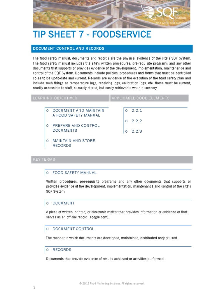 Tip Sheet 7 - Foodservice: Document Control and Records | PDF | Food Safety | Records Management