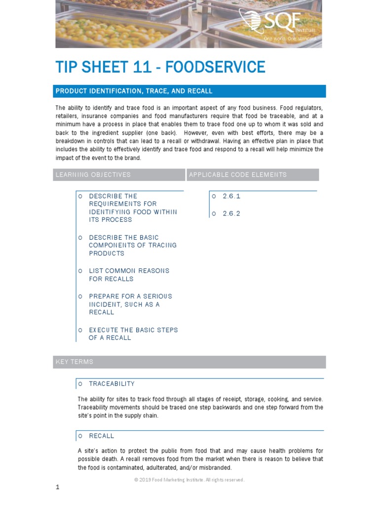 Foodservice Tip Sheet 11 Product Identification Trace and Recall | PDF ...