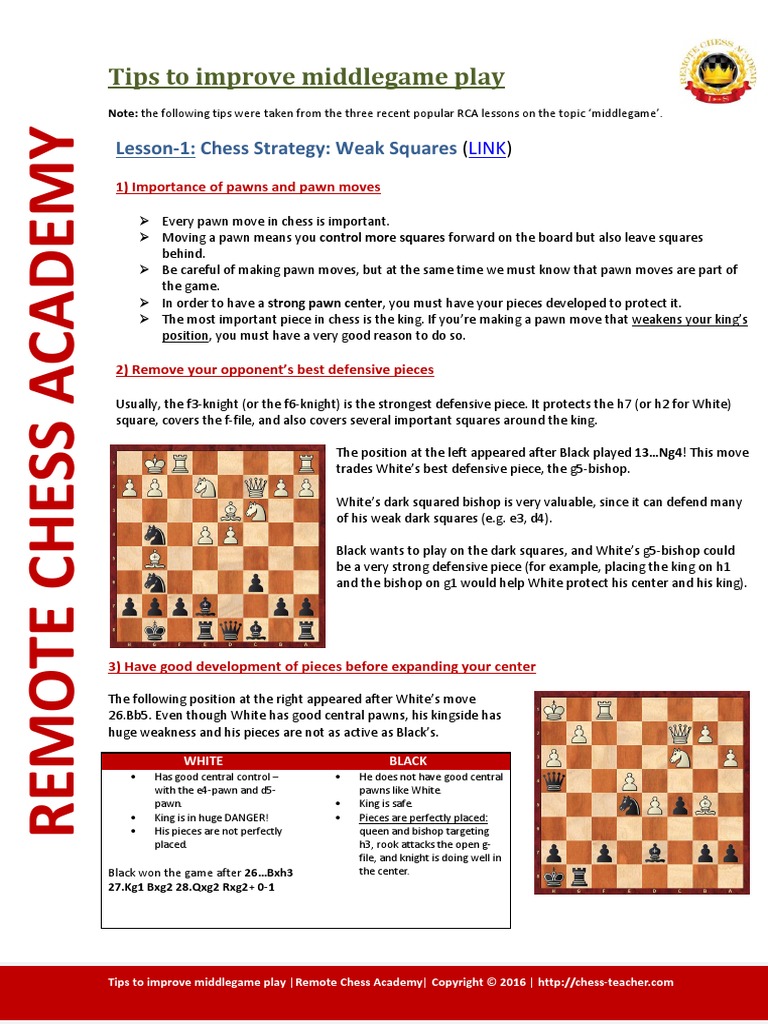 Tips To Improve Middlegame Play | PDF | Chess | Traditional Games