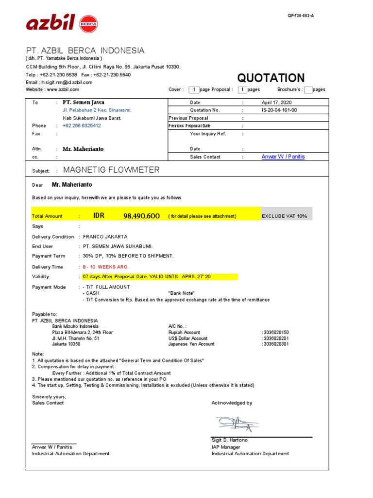 Quotation: Pt. Azbil Berca Indonesia | PDF | Indemnity | License