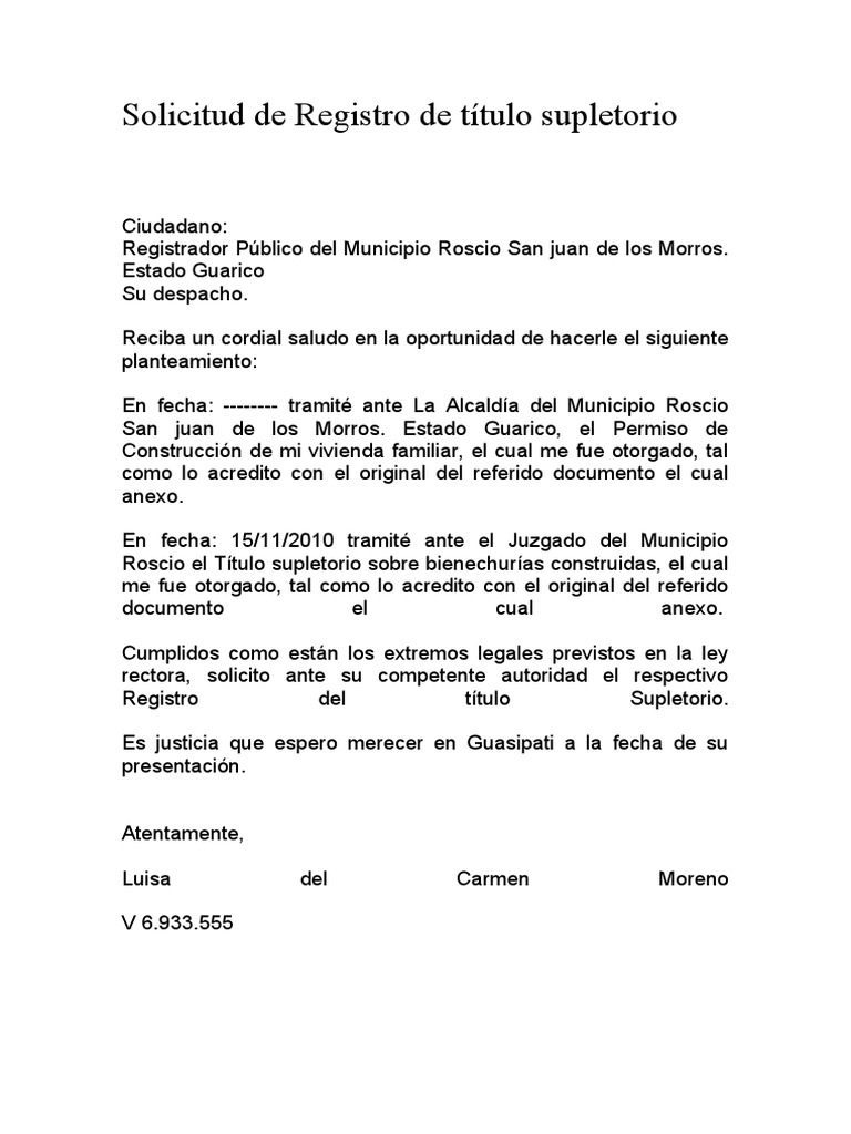 Solicitud de Registro de Título Supletorio | PDF