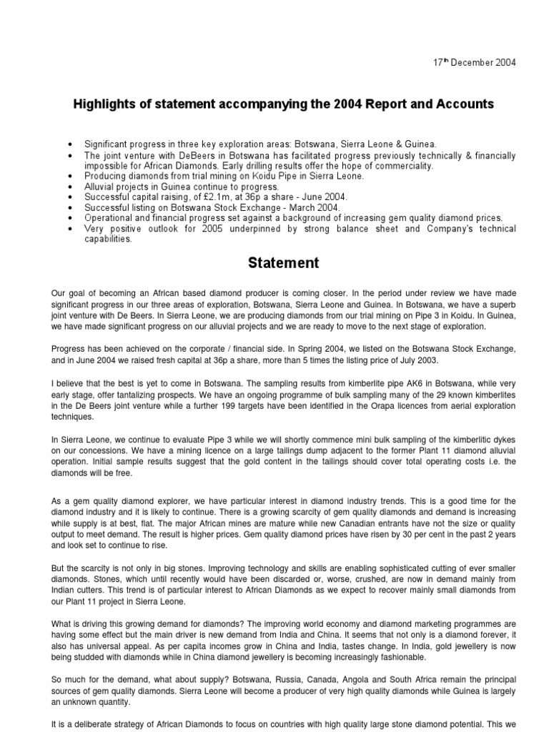 Highlights of Statement Accompanying The 2004 Report and Accounts | PDF ...