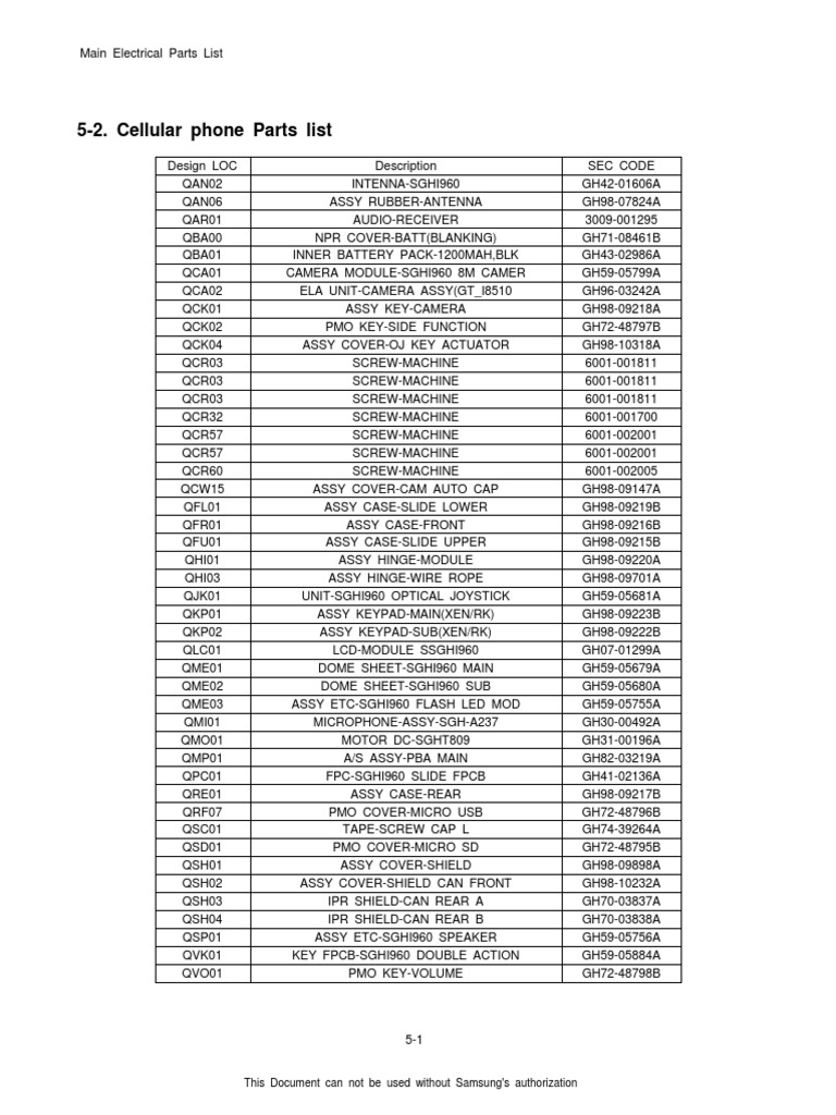 5-2. Cellular Phone Parts List: This Document Can Not Be Used Without ...
