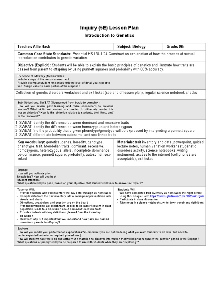 Genetics Lesson Plan for 9th Grade | PDF | Dominance (Genetics) | Zygosity