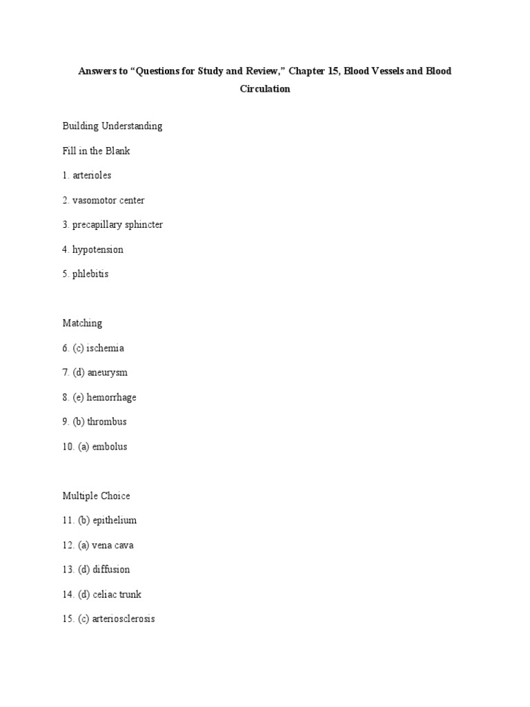 Answers To "Questions For Study and Review," Chapter 15, Blood Vessels ...