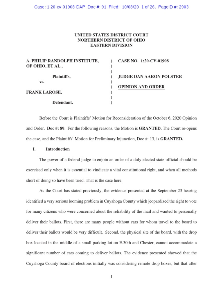 U.S. District Court Judge Polster's Decision On Ohio Drop Boxes | PDF ...