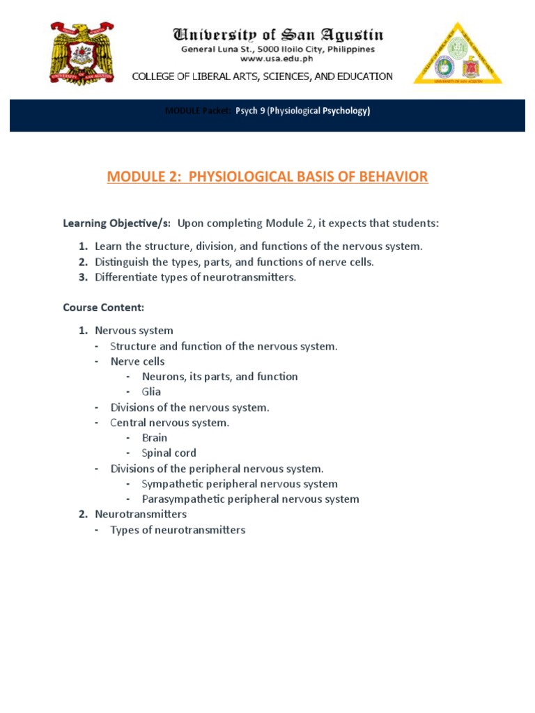 Module 2: Physiological Basis of Behavior | PDF | Nervous System | Neuron