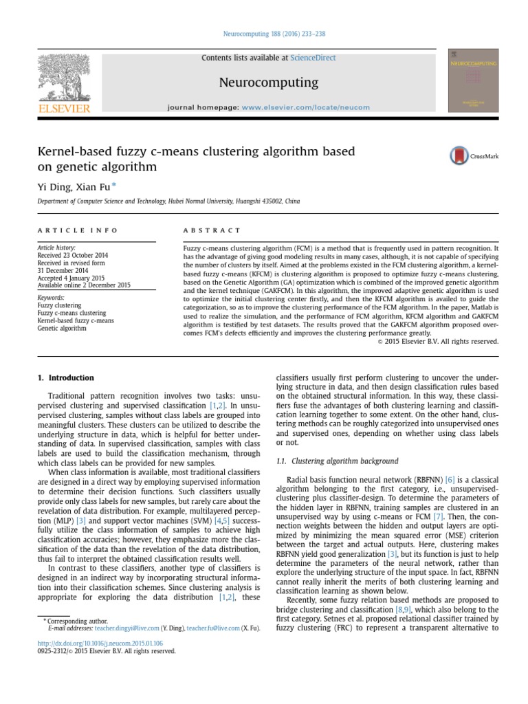 Kernel-based fuzzy c-means clustering algorithm optimized by genetic algorithm | PDF | Cluster ...