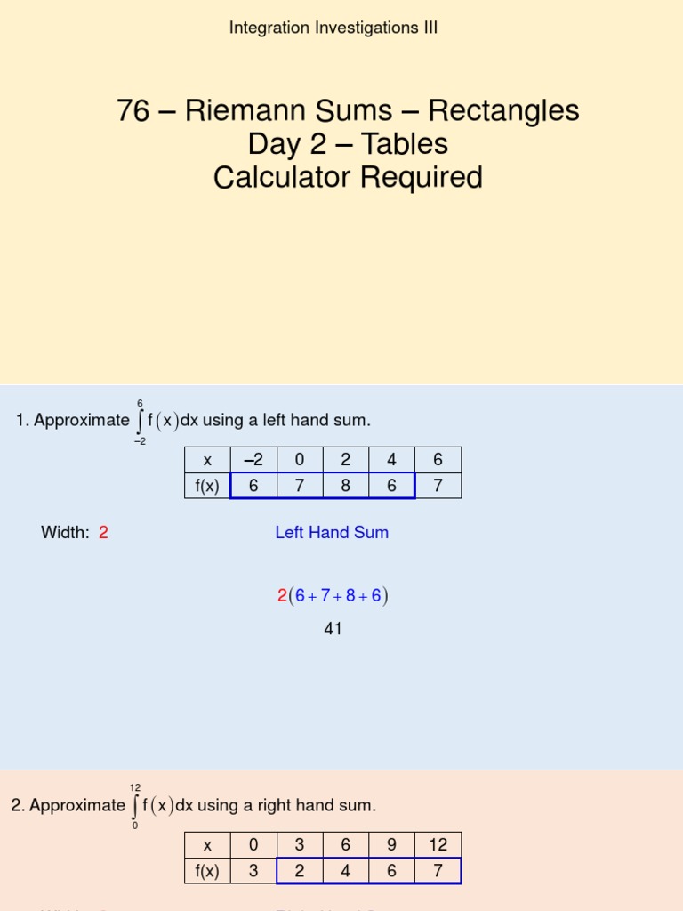 76C - PowerPoint - Riemann Sums - Rectangles - Day 2 - Tables | PDF | Integral | Mathematical ...