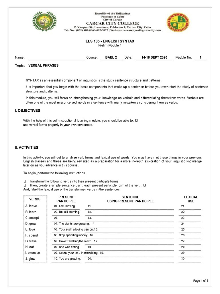 Els 105 - English Syntax: Bael 2 14-18 SEPT 2020 1 Topic: Verbal ...