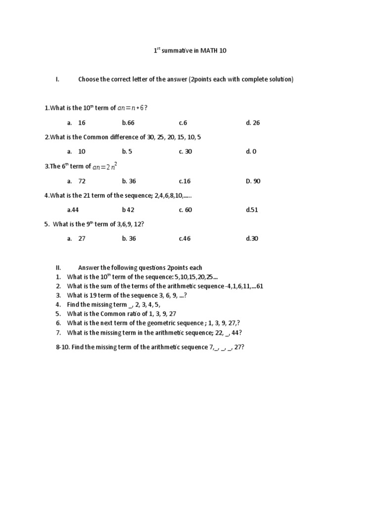 1st Summative Math 10 | PDF | Teaching Methods & Materials