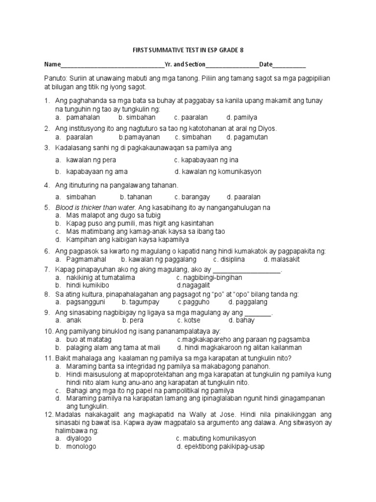 1st Summative ESP 8 | PDF