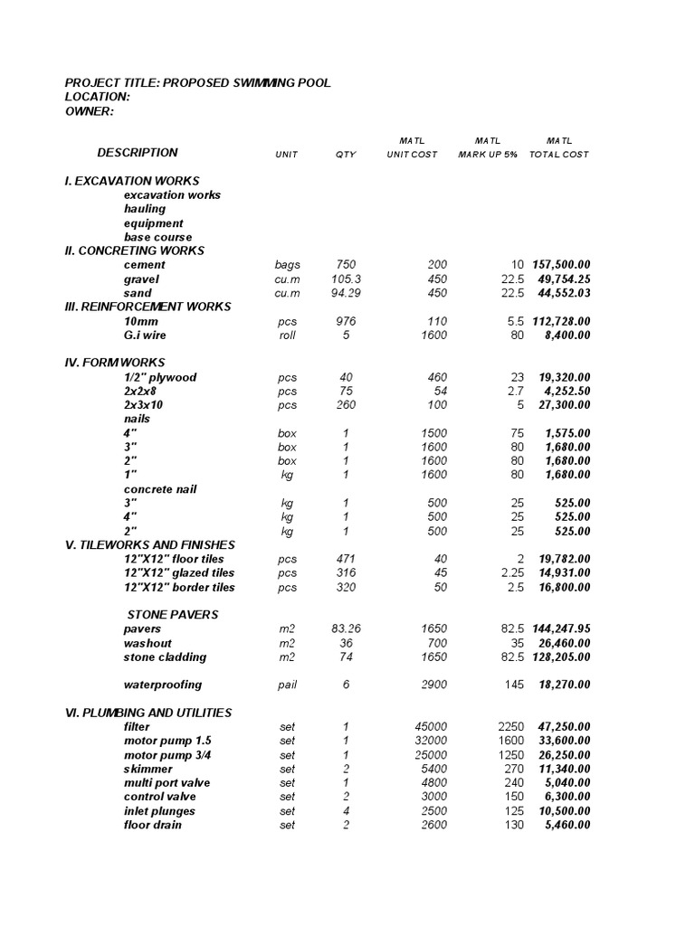 ESTIMATE SWIMMING POOL (Version 1z | PDF | Plumbing | Horticulture And ...