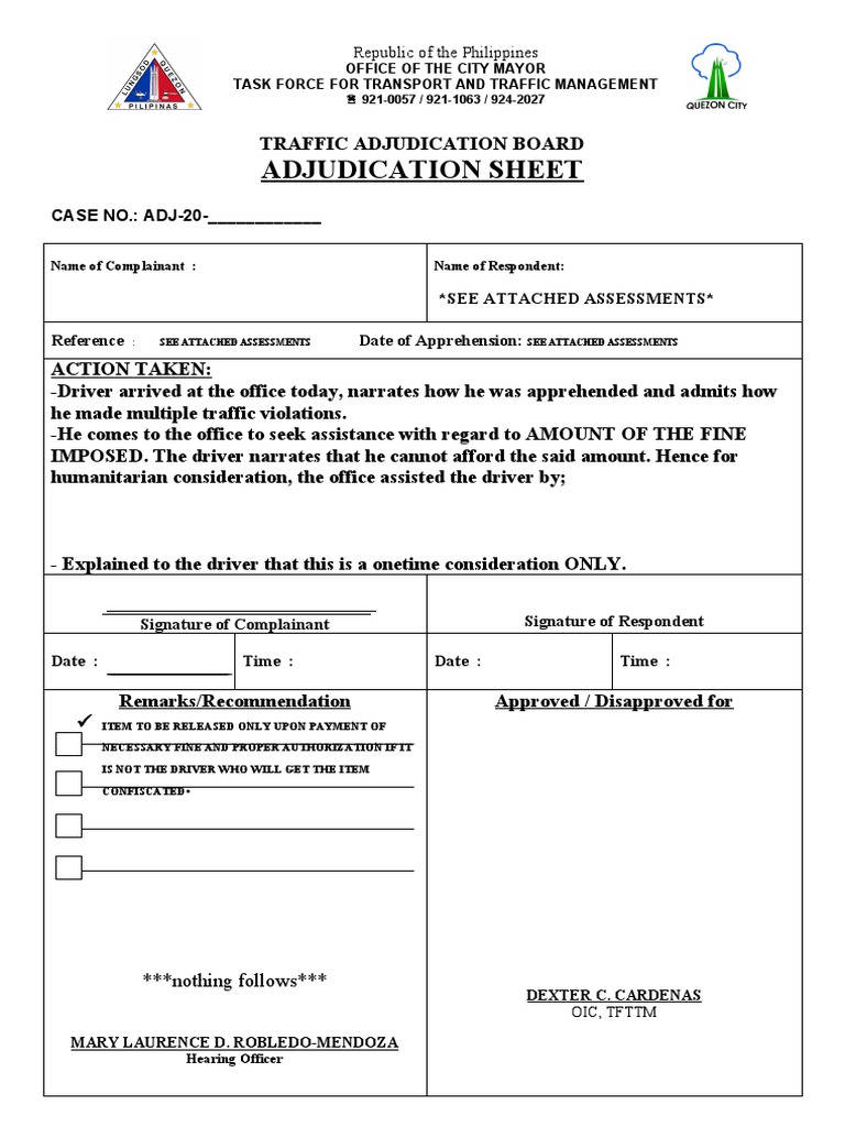 Adjudication Sheet: CASE NO.: ADJ-20 | PDF