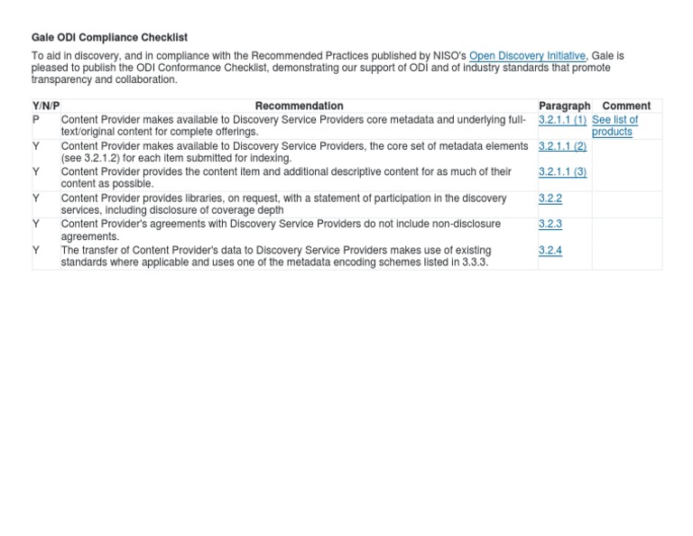Gale ODI Compliance Checklist for Discovery Services | PDF