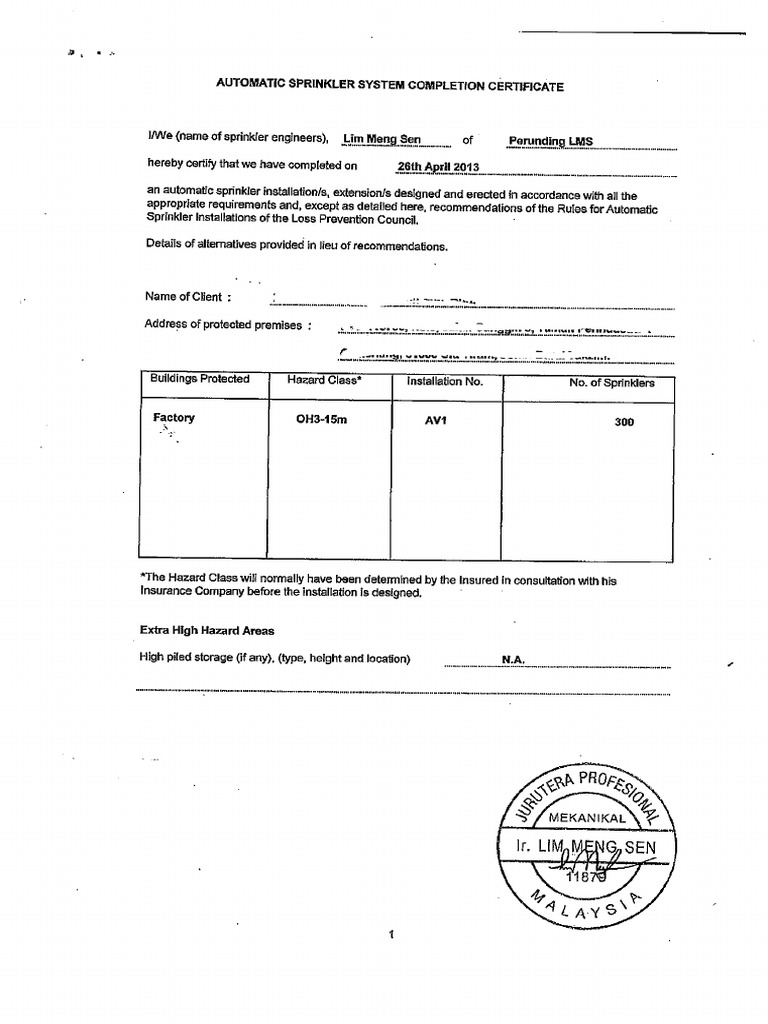 Sample of Completed Sprinkler Water Test Report | PDF