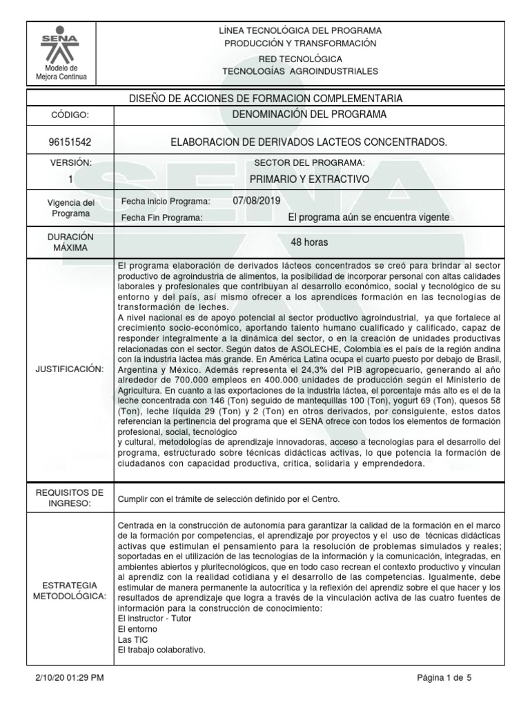 Informe Programa de Formación Complementaria | PDF | Leche | Agronegocios