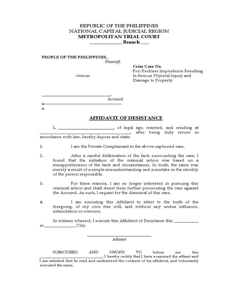 Affidavit of Desistance - Form | PDF
