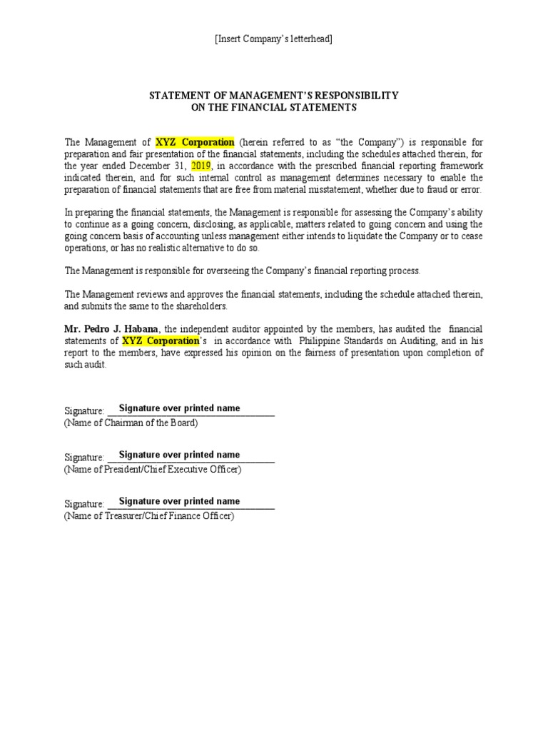 Management Responsibility Statement | PDF | Going Concern | Tax Return ...