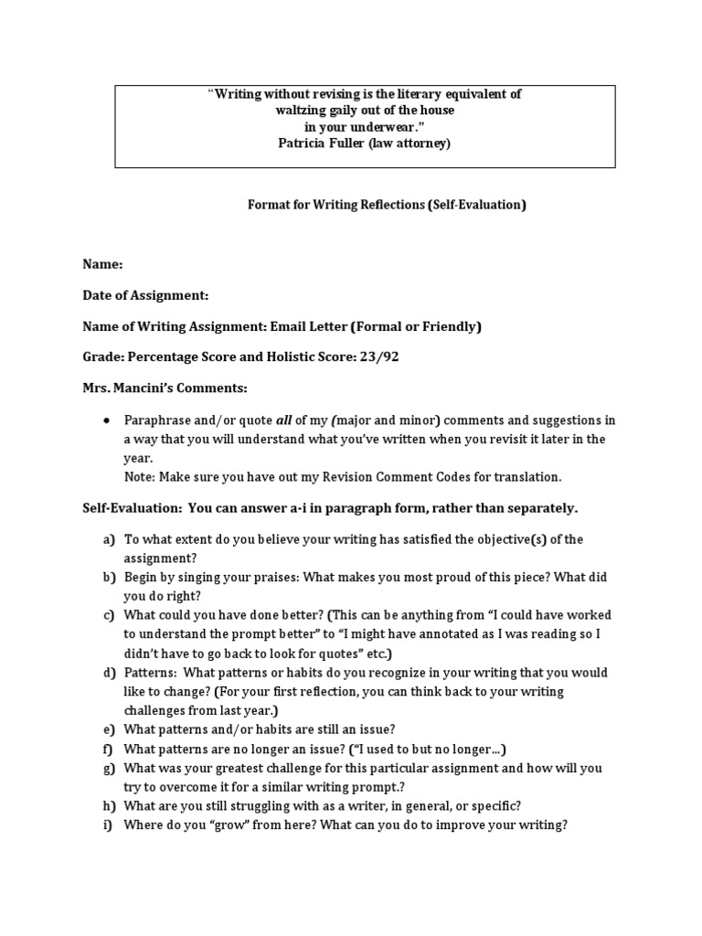 Writing Reflection Self-Evaluation Guide | PDF | Cognition