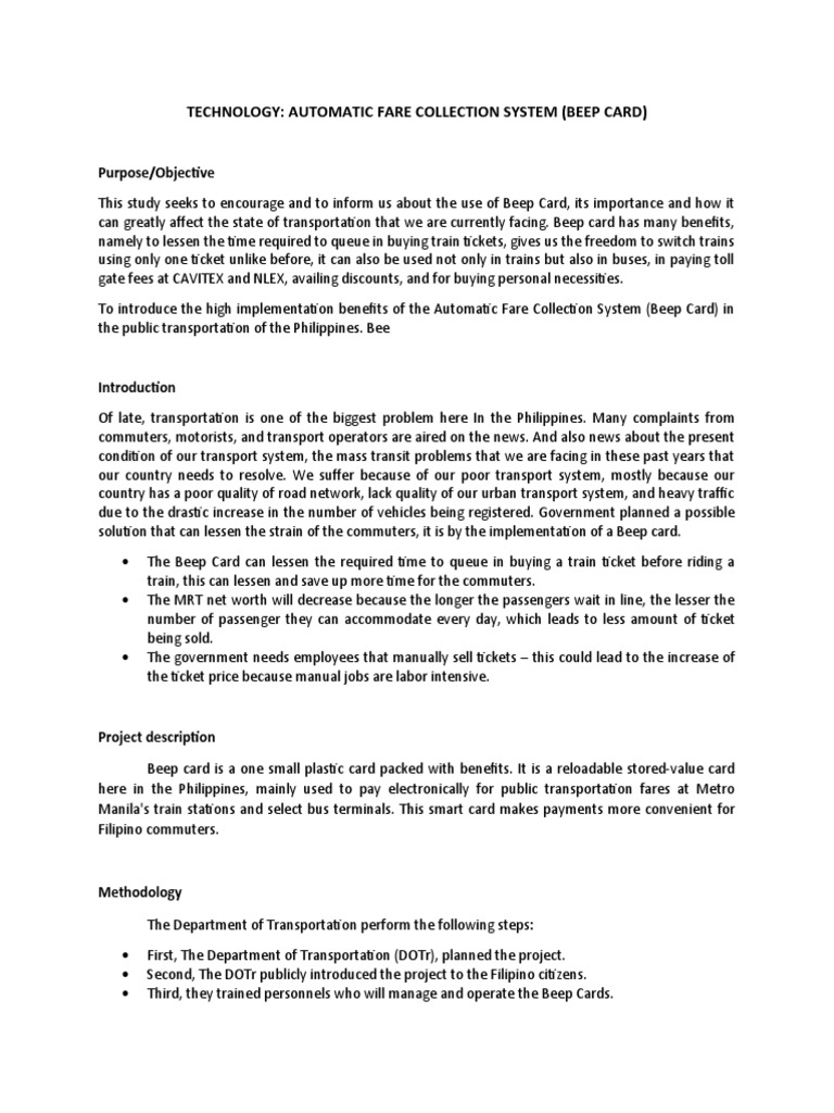 Technology: Automatic Fare Collection System (Beep Card) : Purpose ...