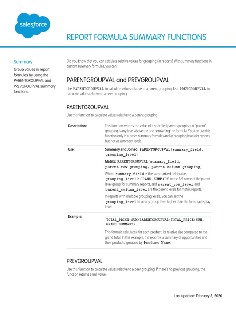 Report Formula Summary Functions: Parentgroupval and Prevgroupval | PDF ...