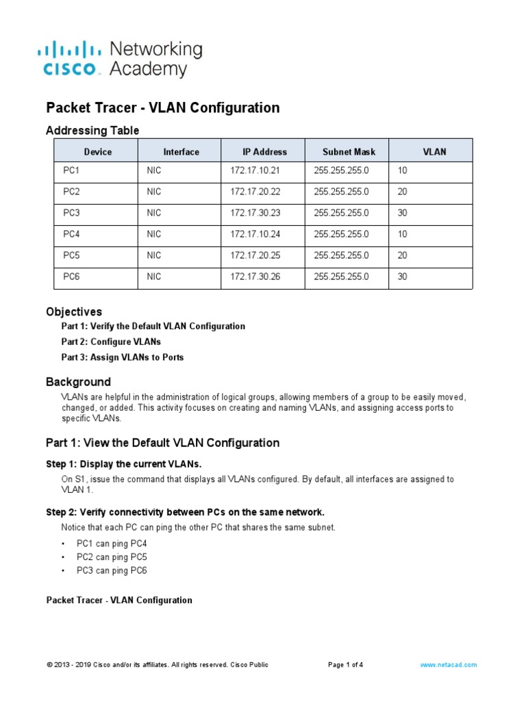 Packet Tracer - VLAN Configuration: Addressing Table | PDF | Network ...