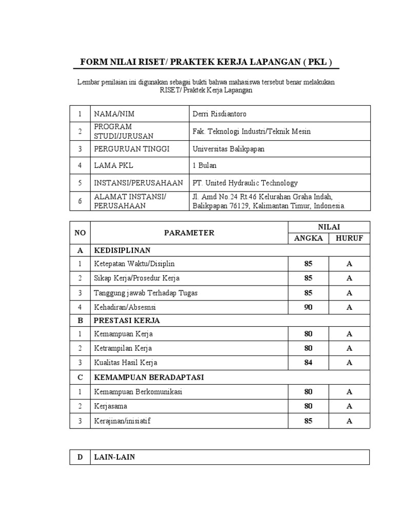 Contoh Form Penilaian Riset - PKL | PDF