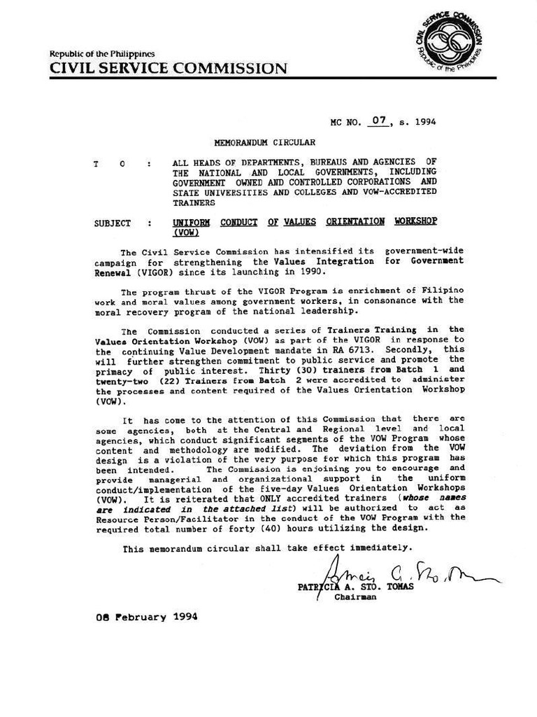 CSC MC No. 7, s-1994 (Uniform Conduct of Values Orientation Workshop) | PDF