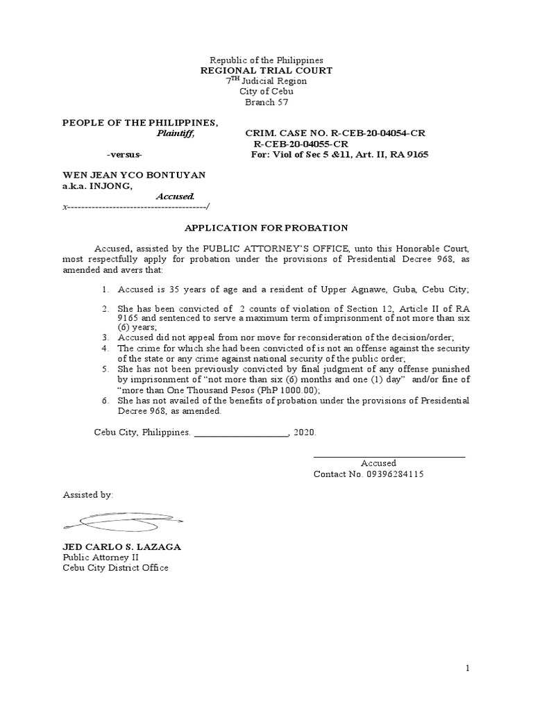 Application For Probation - WEN JEAN YCO BONTUYAN | PDF | Law