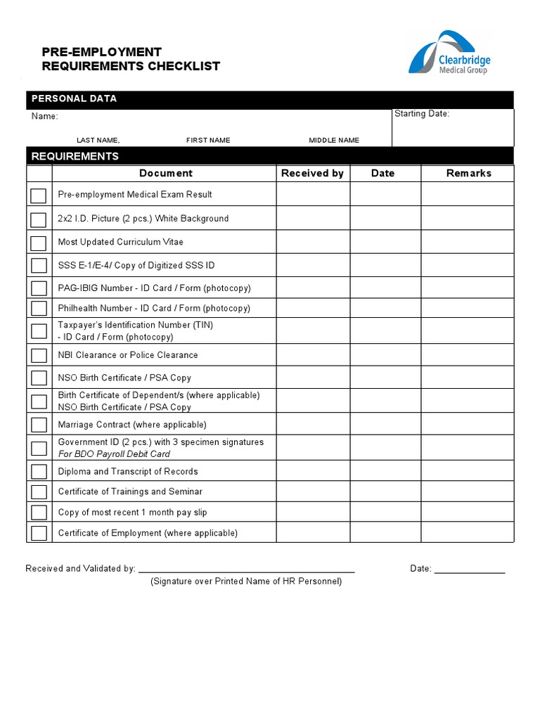CMBG Pre-Employment Requirements Checklist | PDF