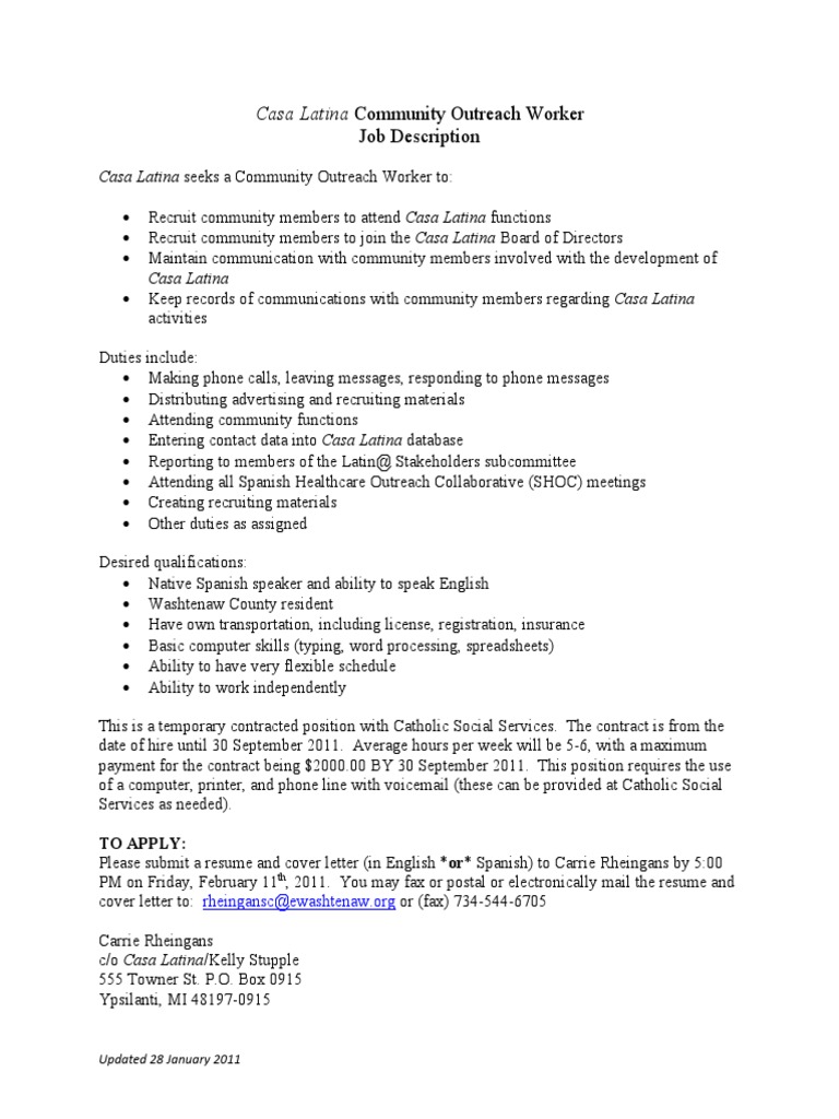 Community Outreach Worker Job Description Ingles Espanol | PDF ...