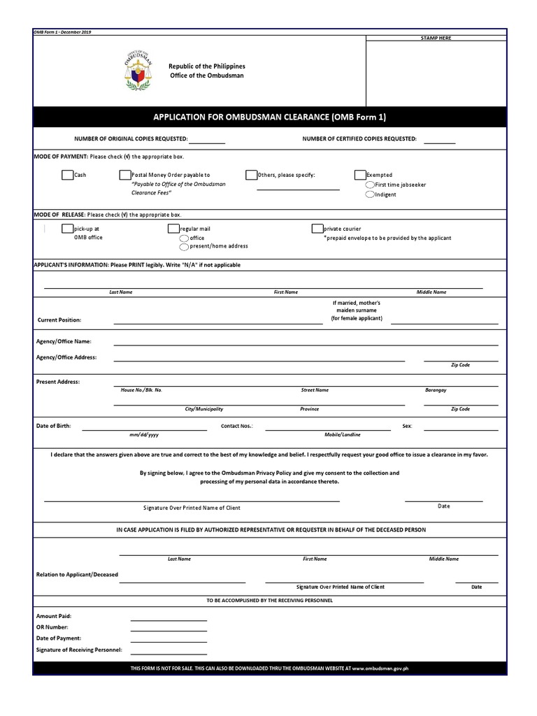 Application For Ombudsman Clearance (Omb Form 1) : Republic of The ...