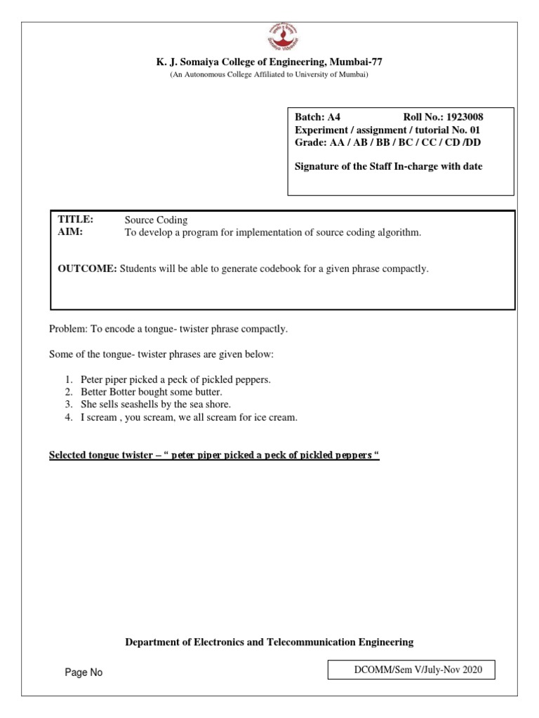 Source Coding To Develop A Program For Implementation of Source Coding ...