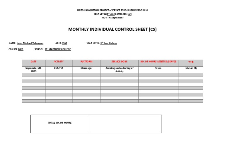 Monthly Control Sheet Velasquez (September) | PDF