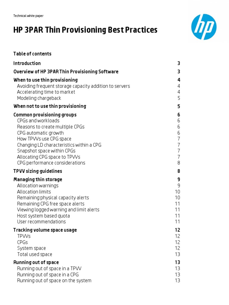 HP 3PAR Thin Provisioning Best Practices: Technical White Paper | PDF | Hard Disk Drive | Solid ...