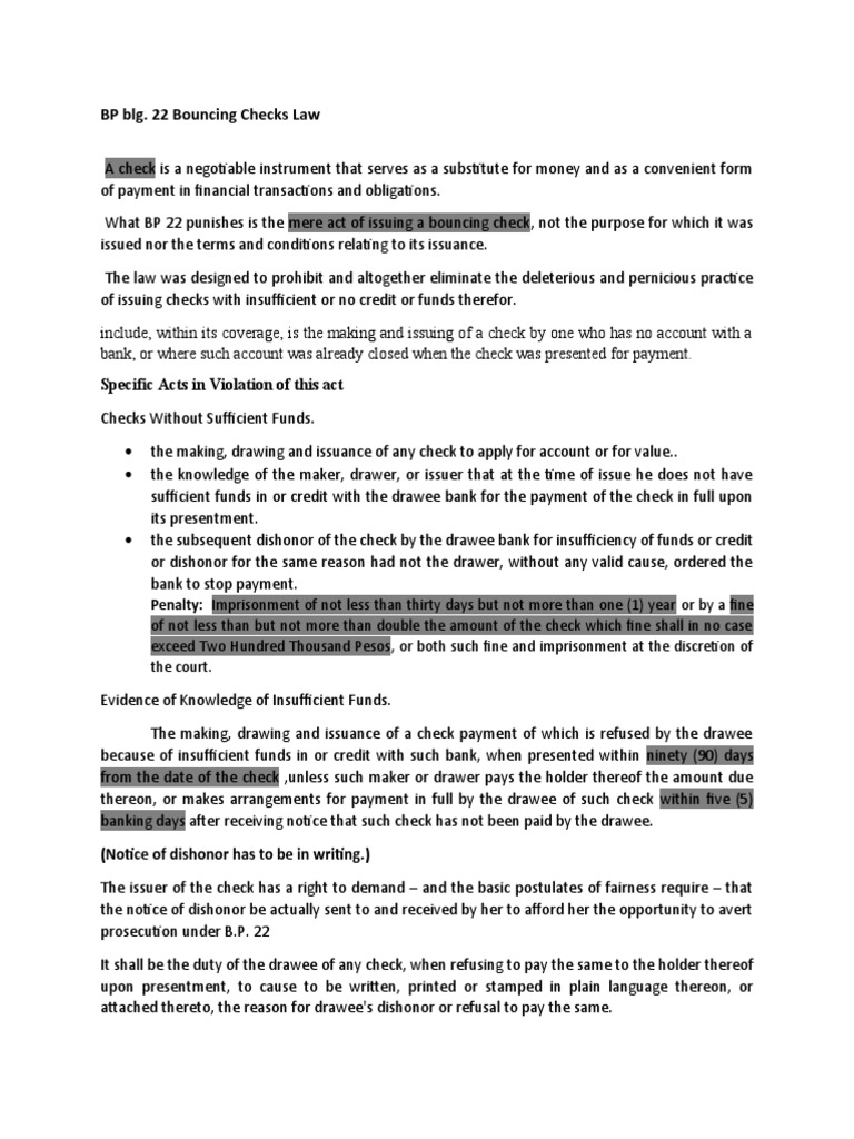 BP Blg. 22 Bouncing Checks Law: Specific Acts in Violation of This Act | PDF | Cheque | Money ...
