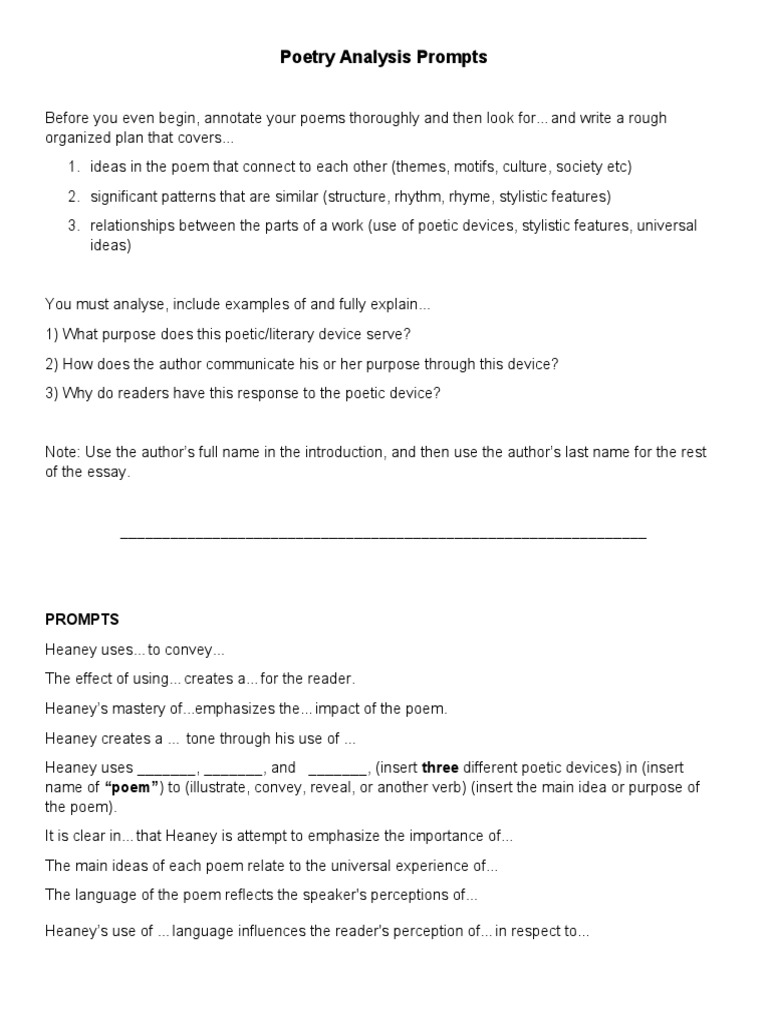 Poetry Analysis Prompts and Sentence Starters 122n5j0 | PDF | Poetic ...
