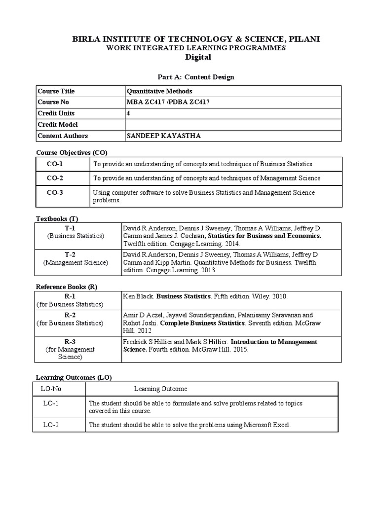 Quantitative Methods for MBA Students | PDF | Probability Distribution ...
