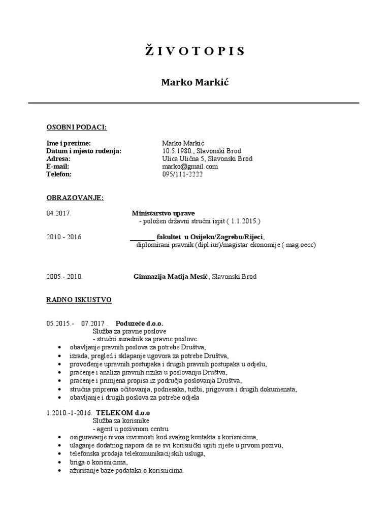 Životopis CV Pravnik-Primjer | PDF