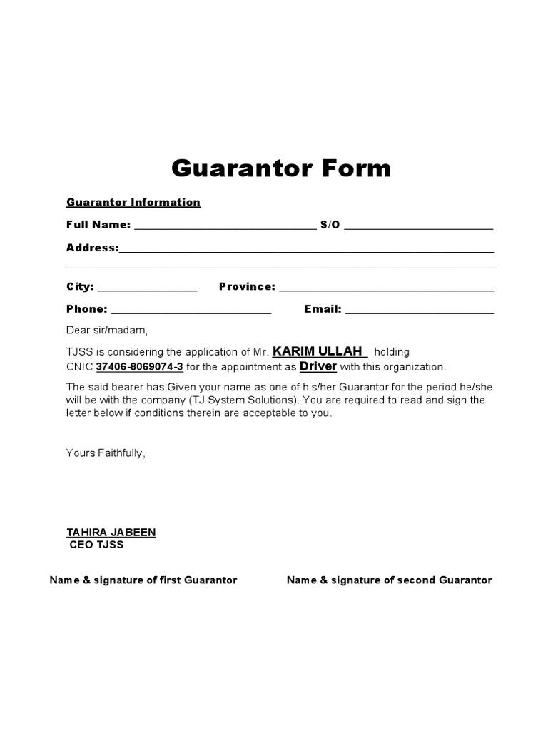 Guarantor Form: Karim Ullah Driver | PDF
