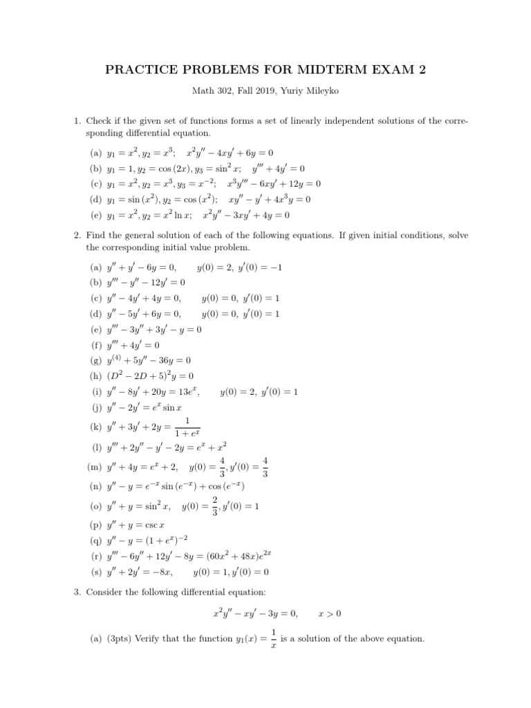 Practice Problems For Midterm Exam 2 | PDF | Ordinary Differential Equation | Equations