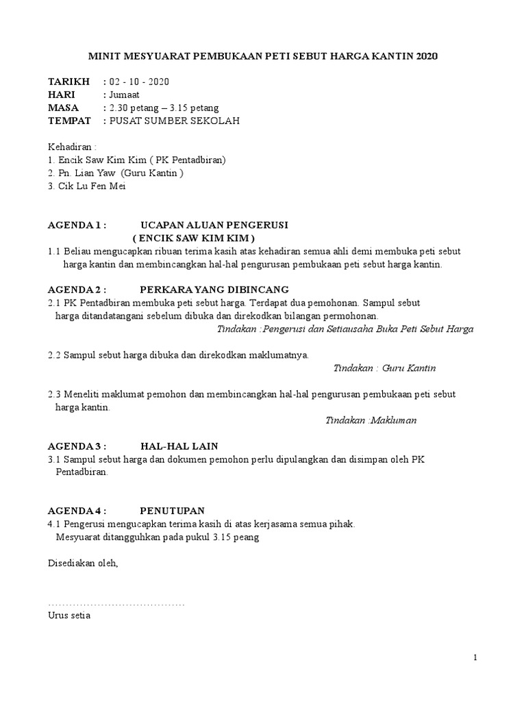 Minit Mesyuarat Pembukaan Peti Sebut Harga Kantin | PDF