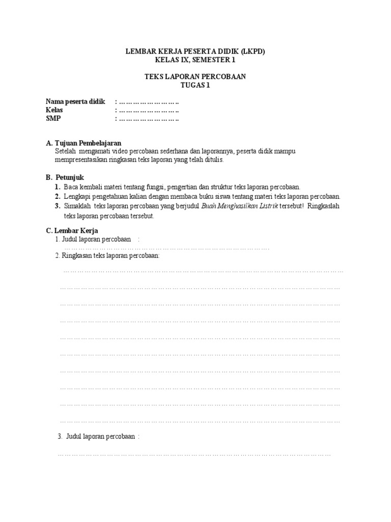 Lkpd Teks Laporan Percobaan Pdf